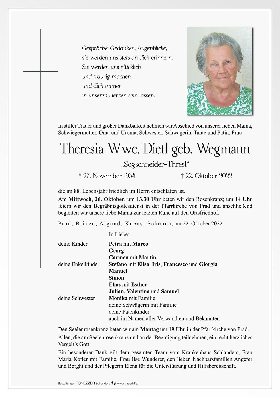 Theresia Wwe. Dietl aus Prad am Stilfserjoch - TrauerHilfe.it - das Südtiroler Gedenkportal