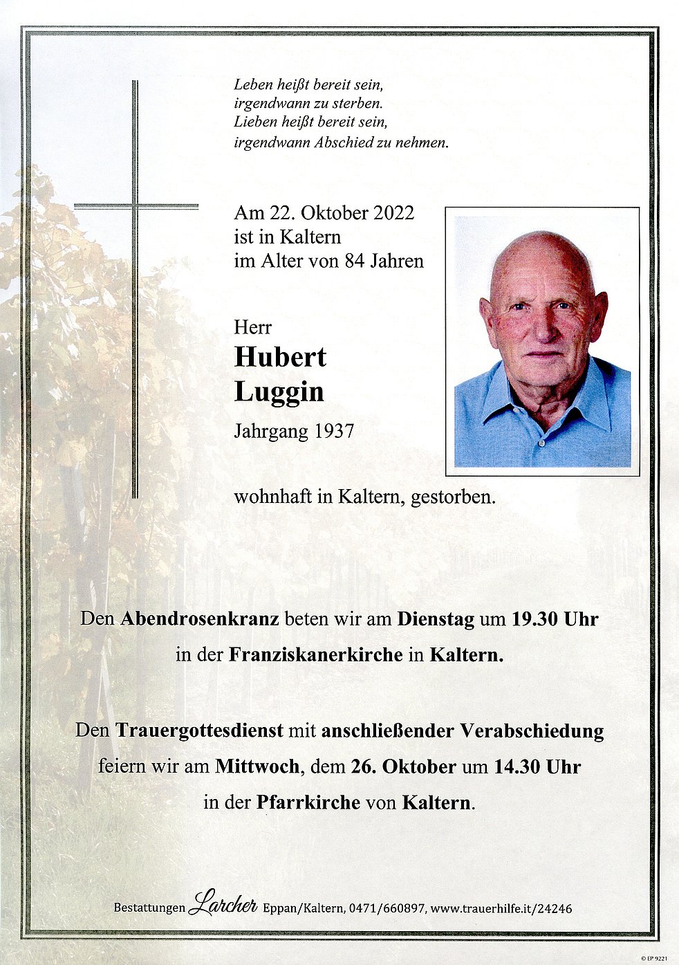 Hubert Luggin aus Kaltern - TrauerHilfe.it - das Südtiroler Gedenkportal