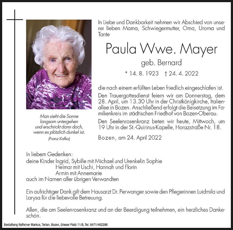 Paula Wwe. Mayer aus Bozen - TrauerHilfe.it - das Südtiroler Gedenkportal Paula Wwe. Mayer aus Bozen - TrauerHilfe.it - das Südtiroler Gedenkportal