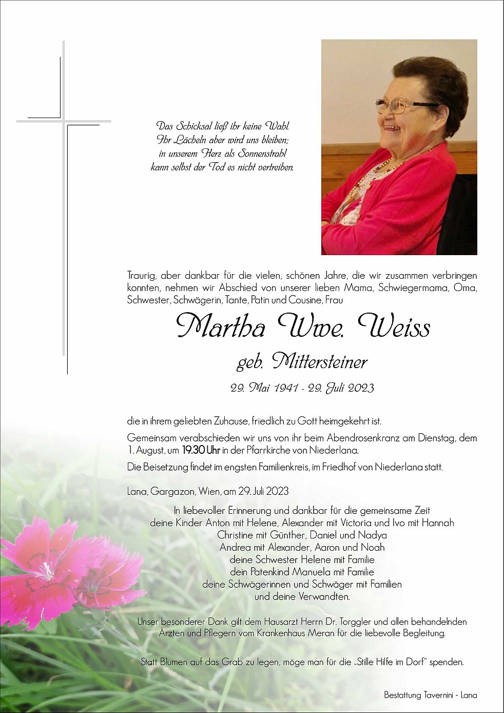 Martha Wwe. Weiss aus Lana - TrauerHilfe.it - das Südtiroler Gedenkportal