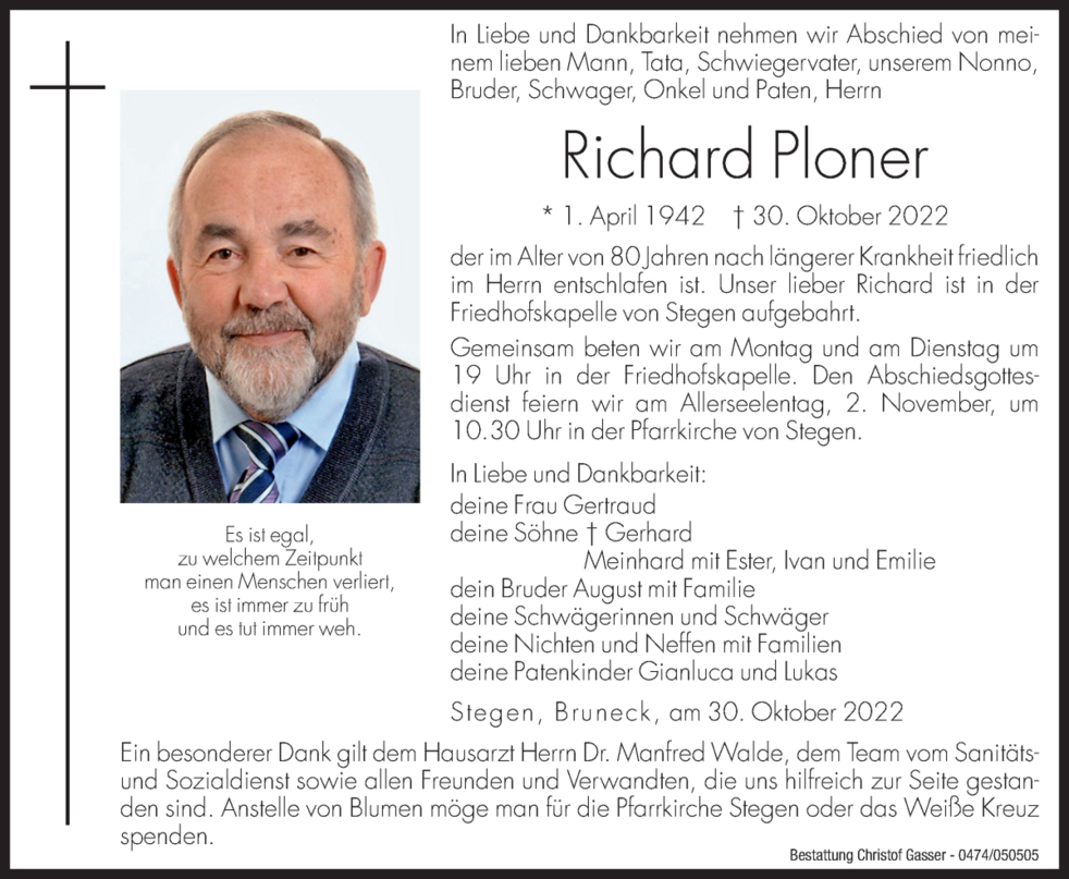 Richard Ploner aus Bruneck - TrauerHilfe.it - das Südtiroler Gedenkportal