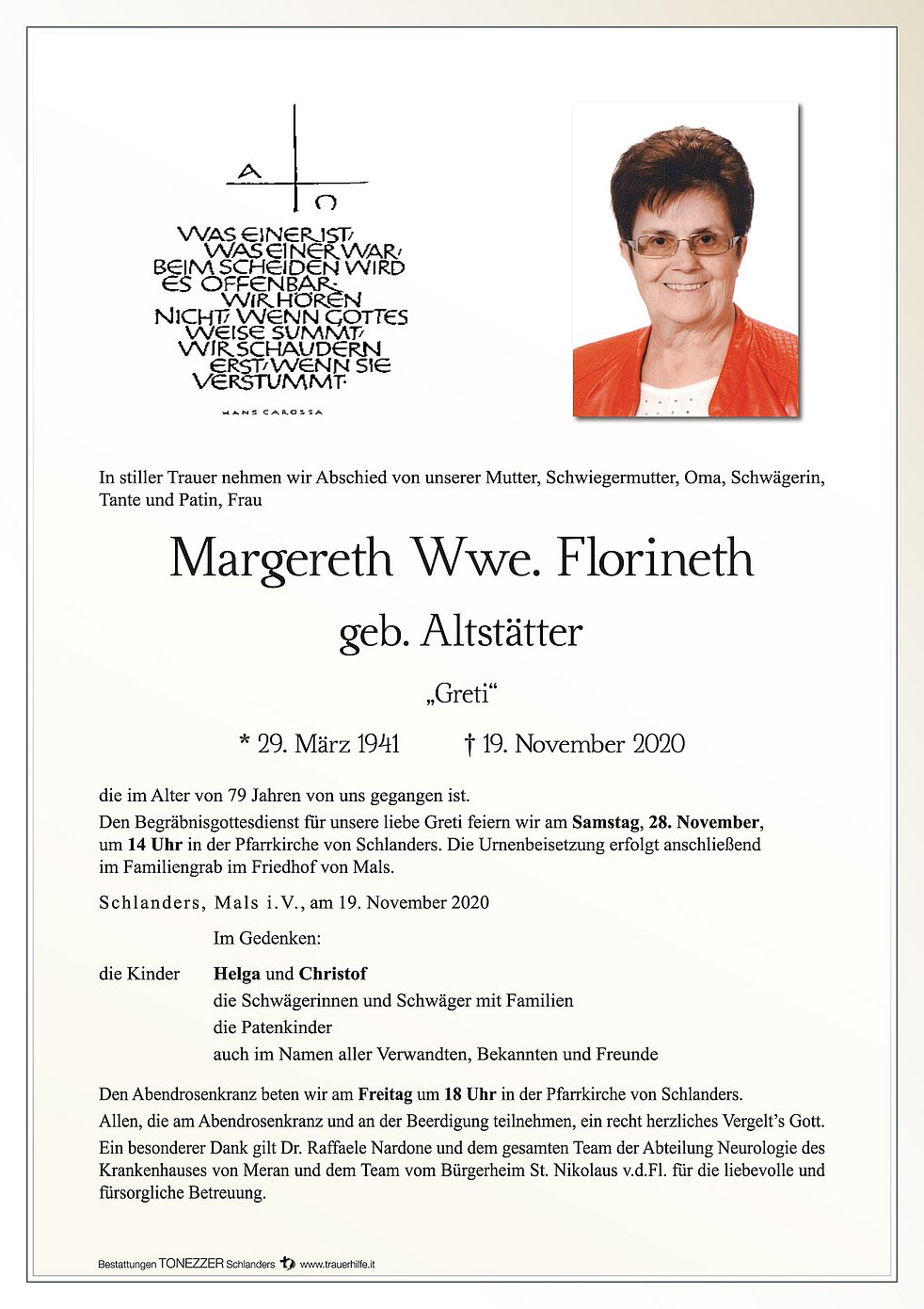 Margareth Wwe. Florineth aus Mals - TrauerHilfe.it - das Südtiroler Gedenkportal