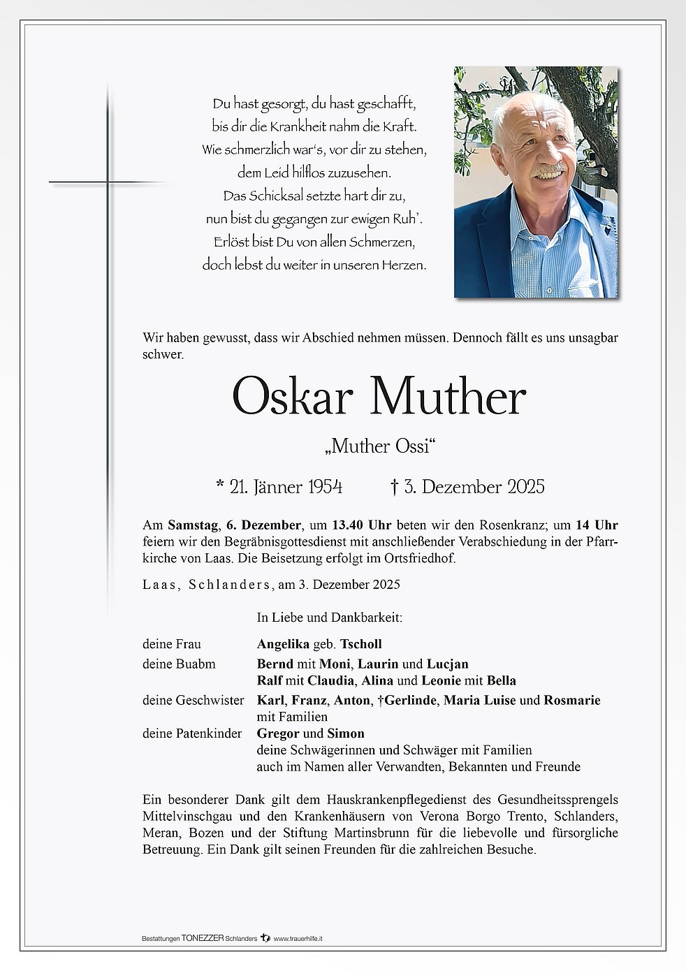 Oskar Muther aus Laas - TrauerHilfe.it - das Südtiroler Gedenkportal