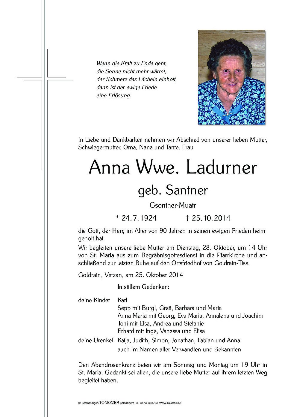 Anna Wwe. Ladurner aus Latsch - TrauerHilfe.it - das Südtiroler ...