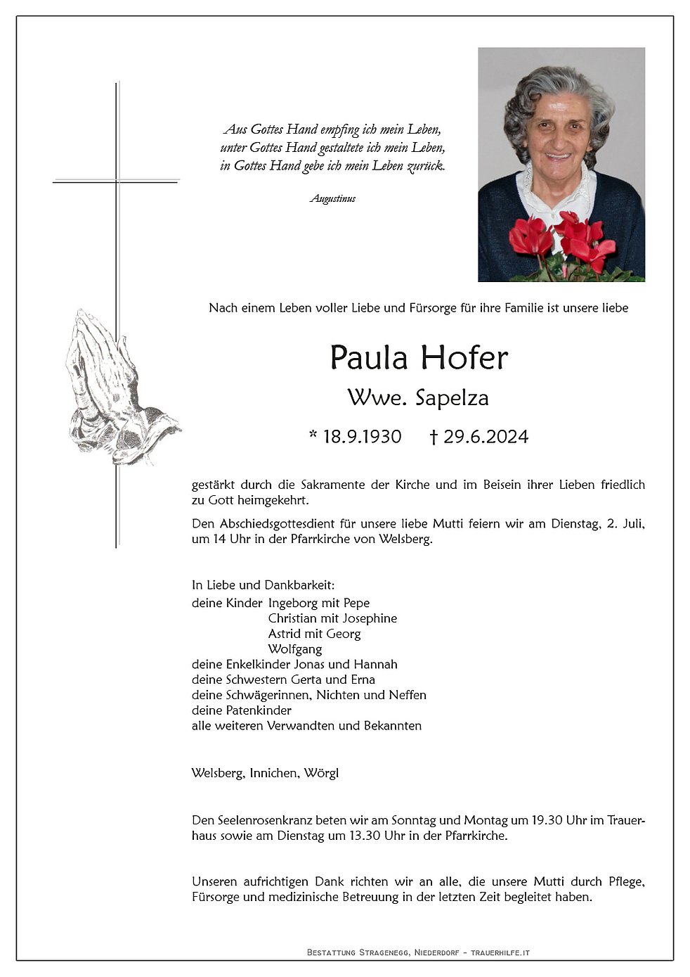 Paula Hofer Wwe. Sapelza aus Welsberg-Taisten - TrauerHilfe.it - das ...