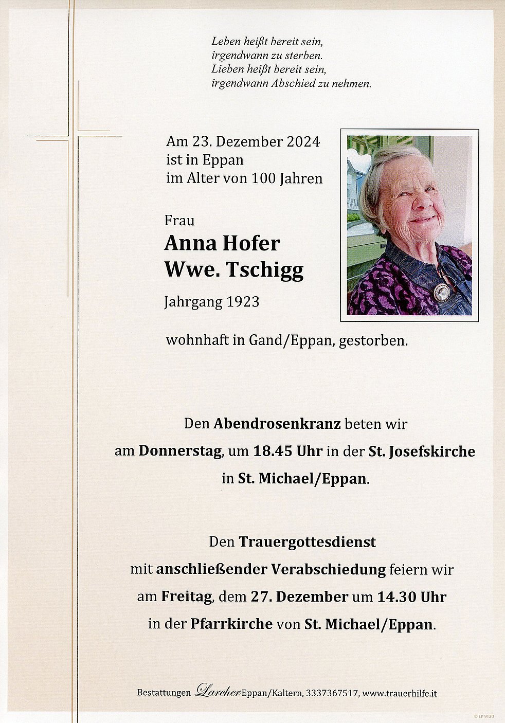 Anna Wwe. Tschigg aus Eppan a. d. W. - TrauerHilfe.it - das Südtiroler ...