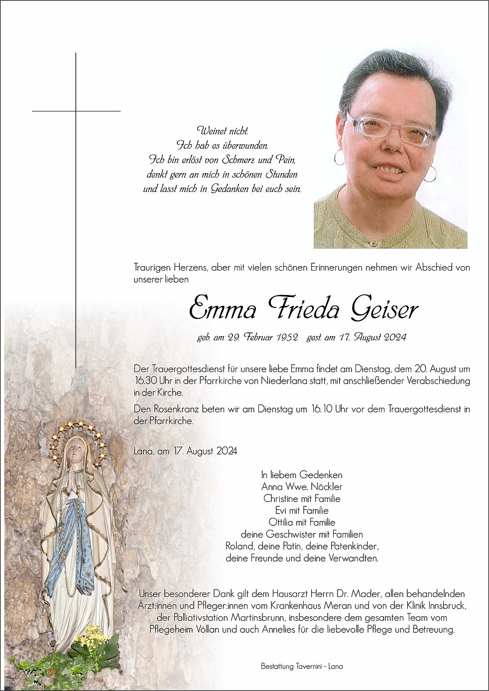 Emma Frieda Geiser aus Lana - TrauerHilfe.it - das Südtiroler Gedenkportal