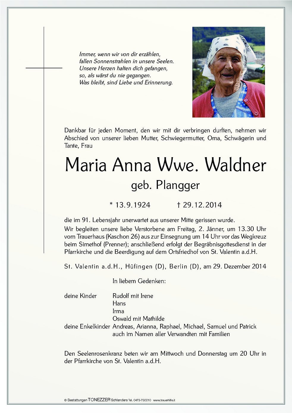 Maria Anna Wwe. Waldner aus Graun - TrauerHilfe.it - das Südtiroler ...
