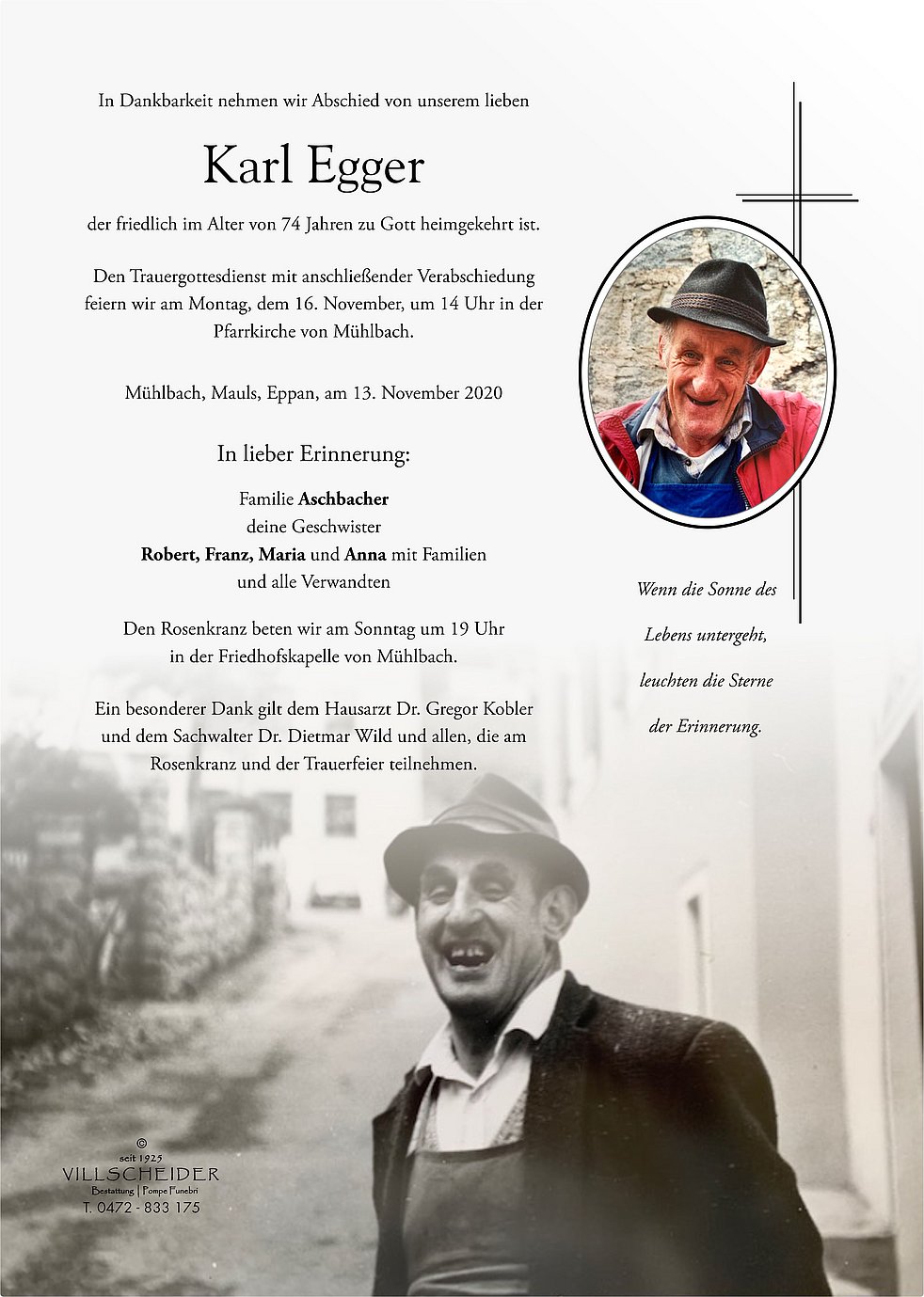 Karl Egger aus Mühlbach - TrauerHilfe.it - das Südtiroler Gedenkportal