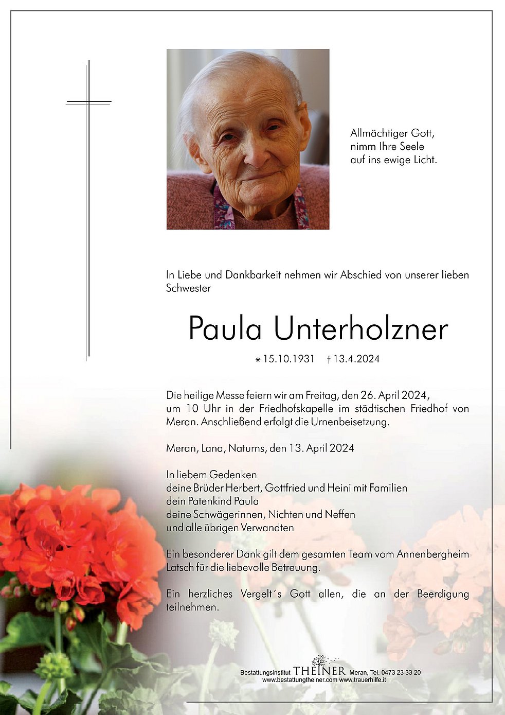 Paula Unterholzner aus Meran - TrauerHilfe.it - das Südtiroler Gedenkportal Paula Unterholzner aus Meran - TrauerHilfe.it - das Südtiroler Gedenkportal
