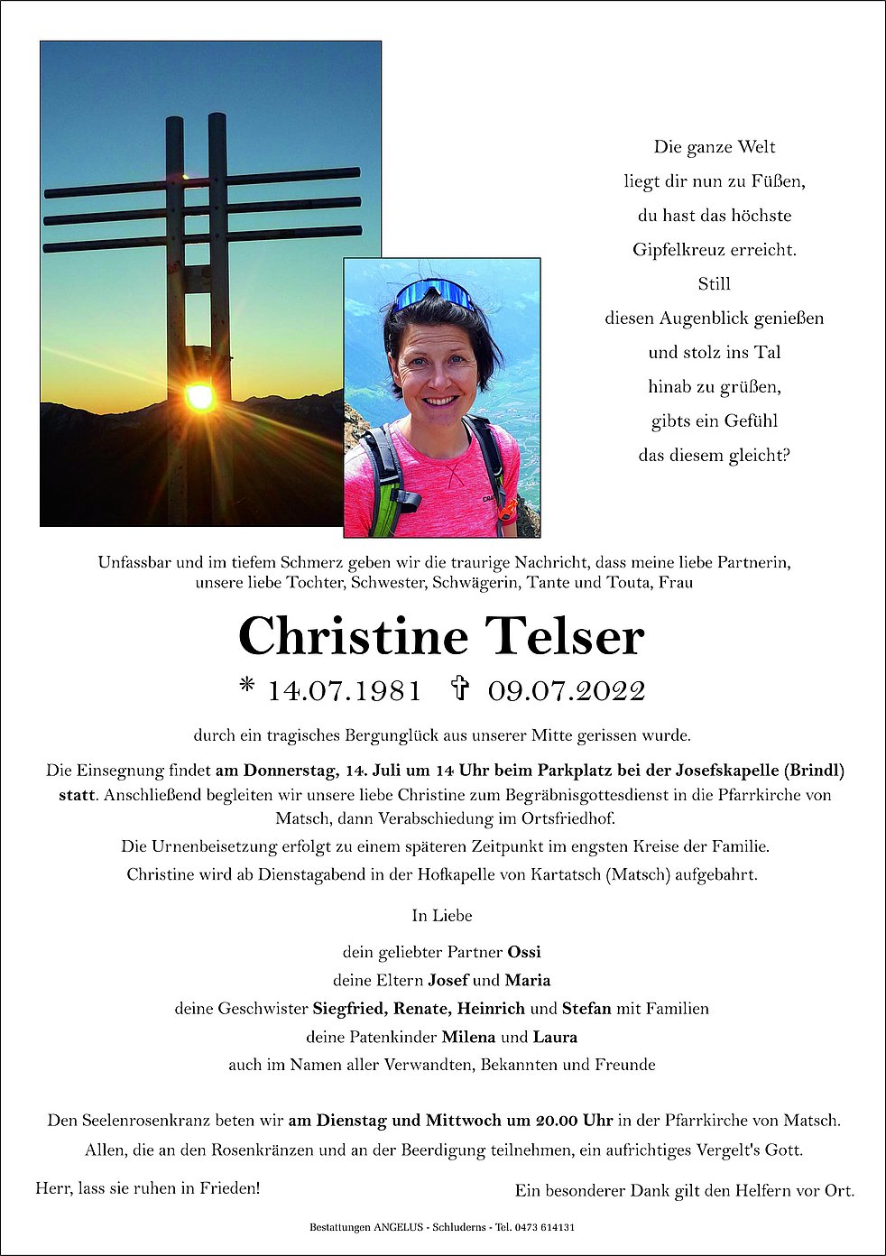 Christine Telser aus Mals - TrauerHilfe.it - das Südtiroler Gedenkportal