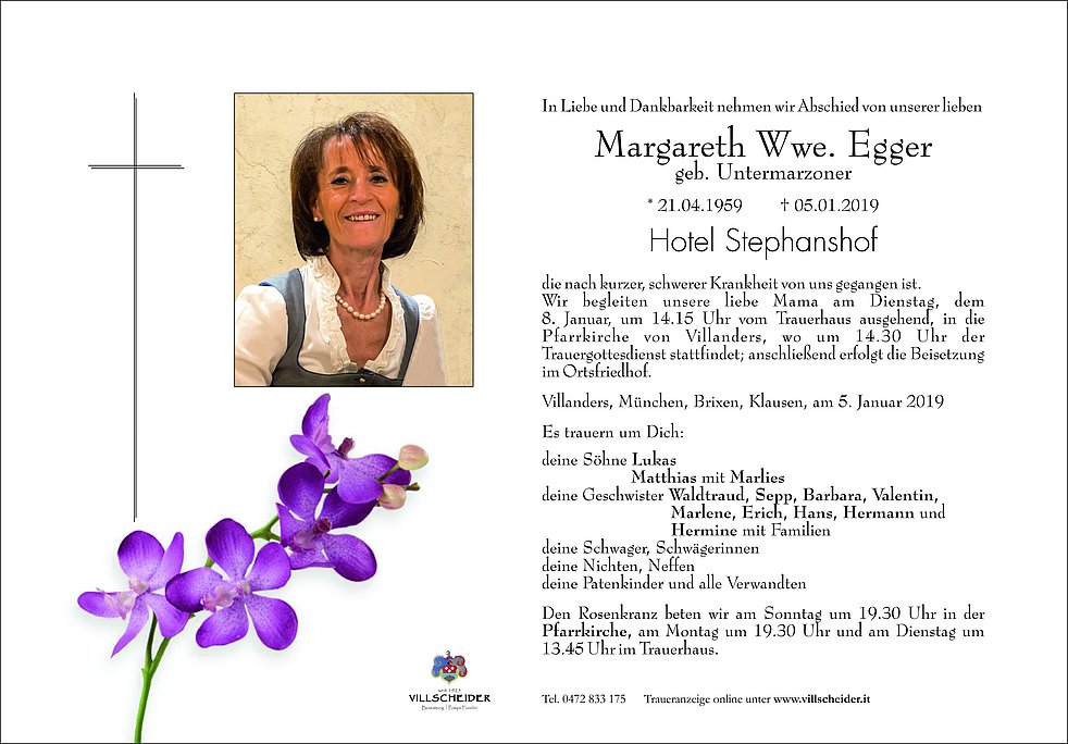 Margareth Wwe. Egger aus Villanders - TrauerHilfe.it - das Südtiroler Gedenkportal