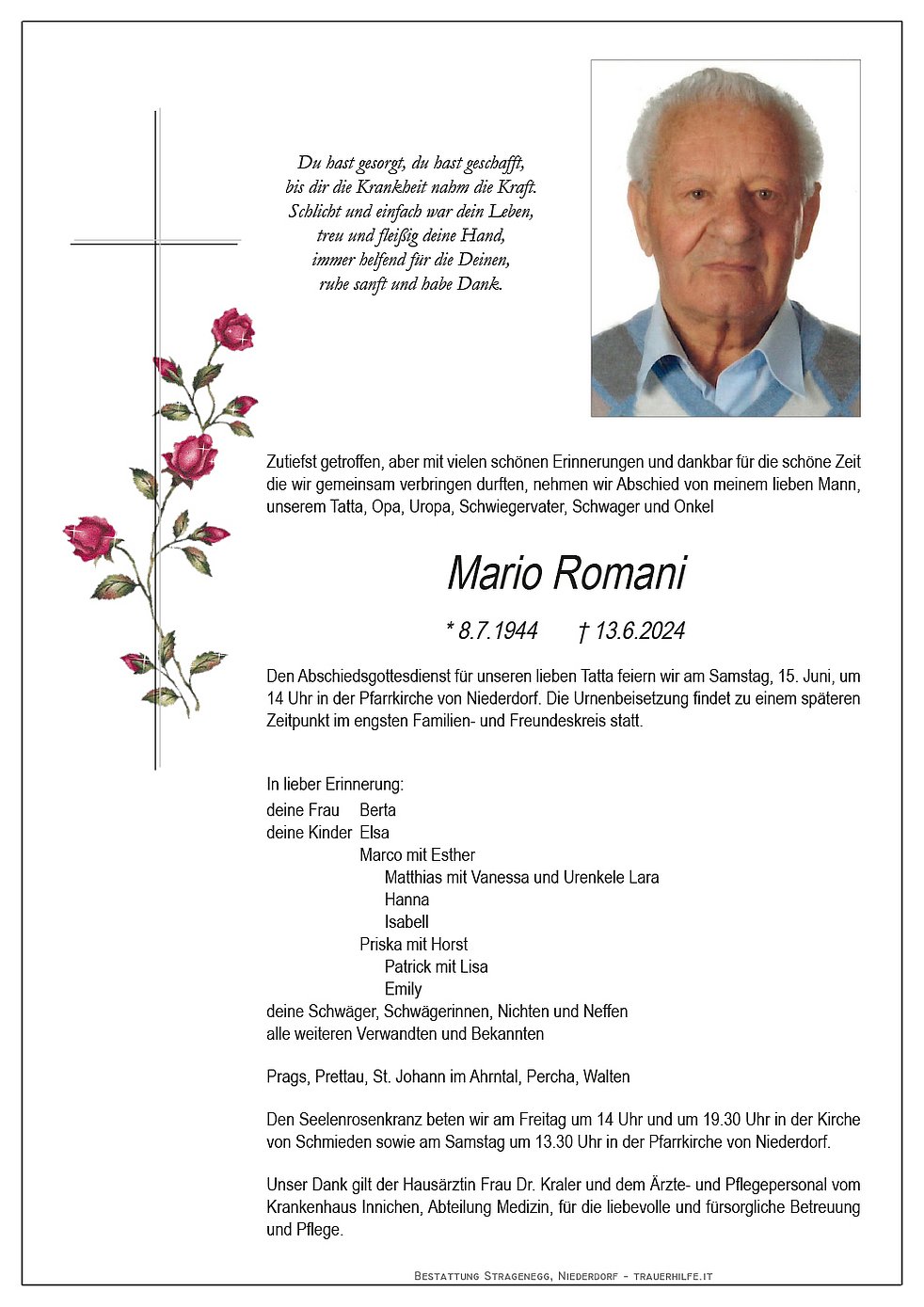 Mario Romani aus Prags - TrauerHilfe.it - das Südtiroler Gedenkportal