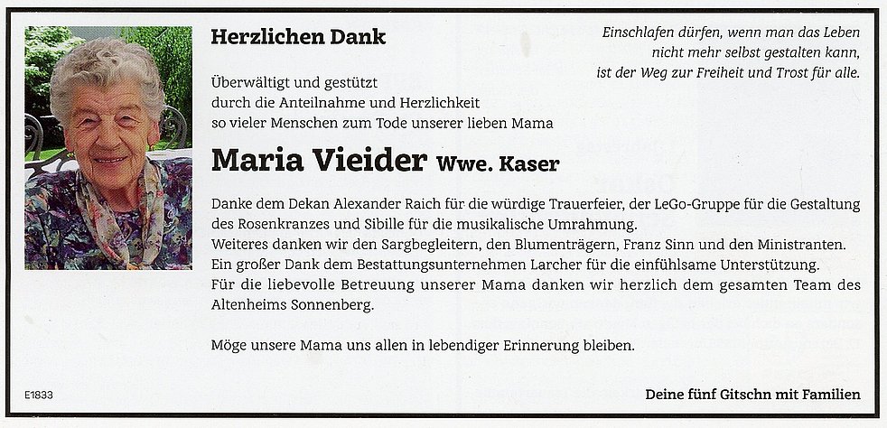 Maria Wwe. Kaser aus Eppan a. d. W. - TrauerHilfe.it - das Südtiroler ...