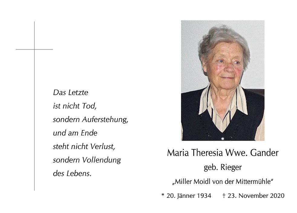 Maria Theresia Wwe. Gander aus Prad am Stilfserjoch - TrauerHilfe.it - das Südtiroler Gedenkportal