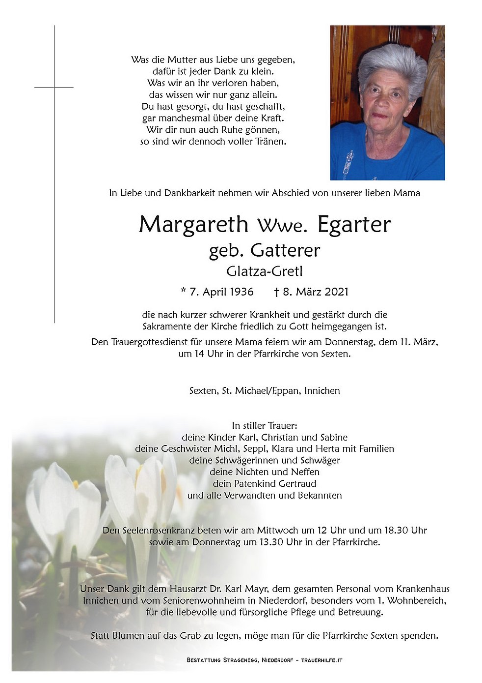 Margareth Wwe. Egarter geb. Gatterer aus Sexten - TrauerHilfe.it - das Südtiroler Gedenkportal