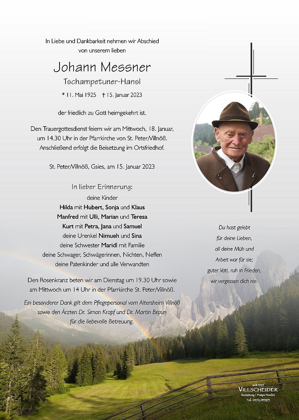 Johann Messner aus Villnöß - TrauerHilfe.it - das Südtiroler Gedenkportal