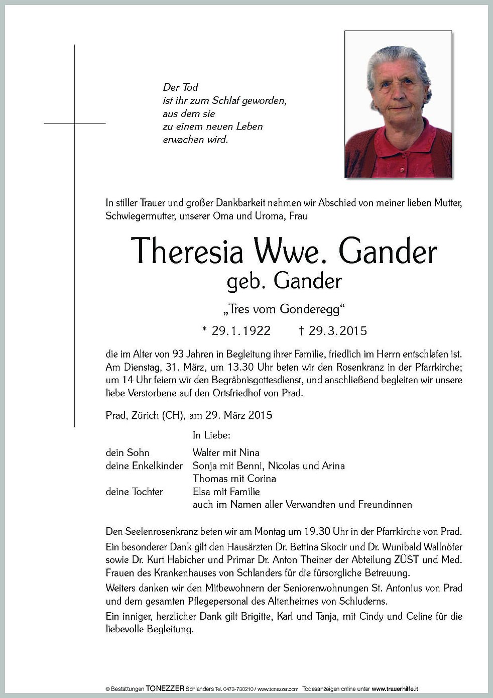 Theresia Wwe. Gander aus Prad am Stilfserjoch - TrauerHilfe.it - das Südtiroler Gedenkportal