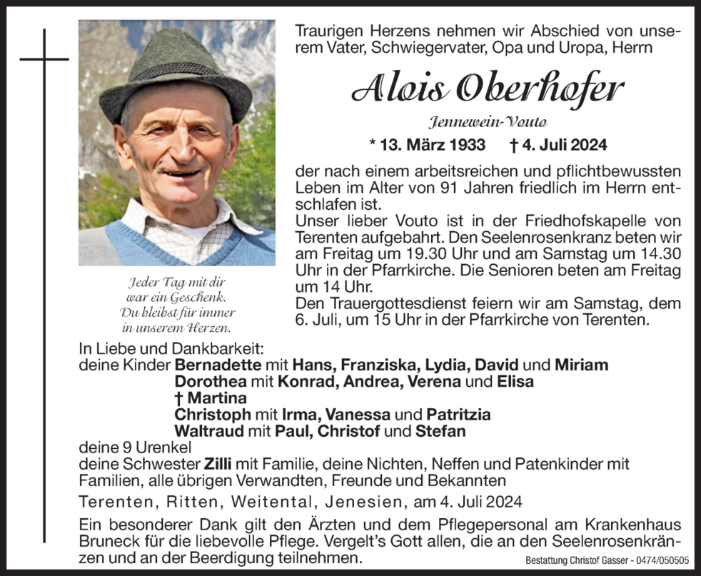 Alois Oberhofer aus Terenten - TrauerHilfe.it - das Südtiroler Gedenkportal