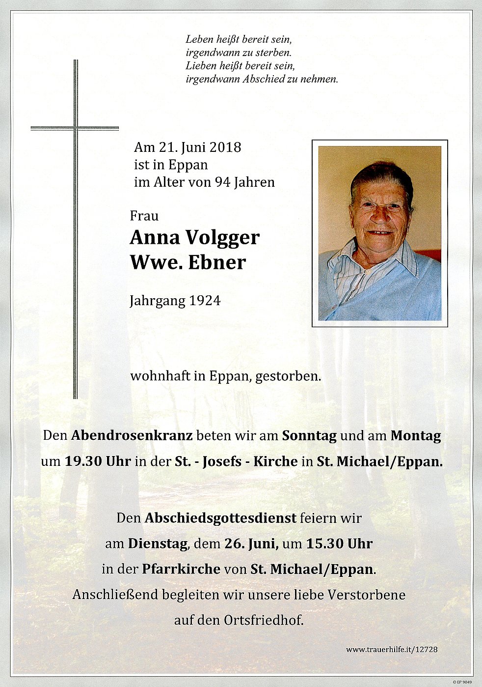 Anna Wwe. Ebner aus Eppan a. d. W. - TrauerHilfe.it - das Südtiroler ...