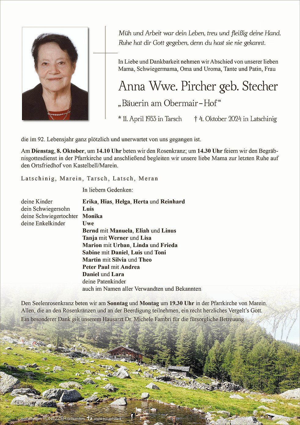 Anna Wwe. Pircher aus Kastelbell-Tschars - TrauerHilfe.it - das ...