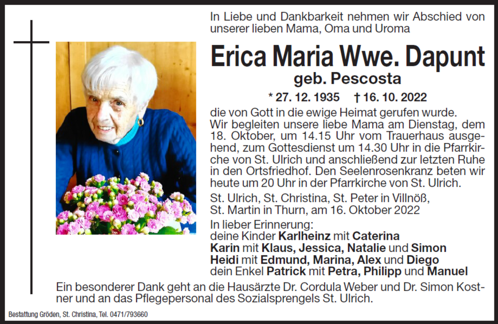 Erica Maria Wwe. Dapunt aus St. Ulrich - TrauerHilfe.it - das ...