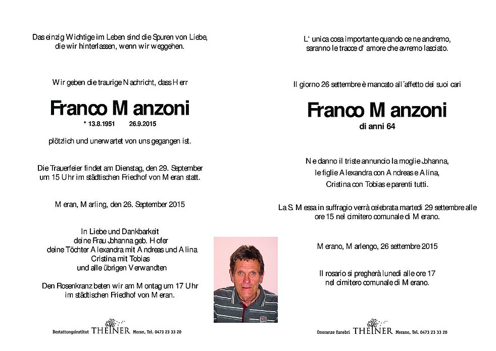 Franco Manzoni aus Meran - TrauerHilfe.it - das Südtiroler Gedenkportal Franco Manzoni aus Meran - TrauerHilfe.it - das Südtiroler Gedenkportal