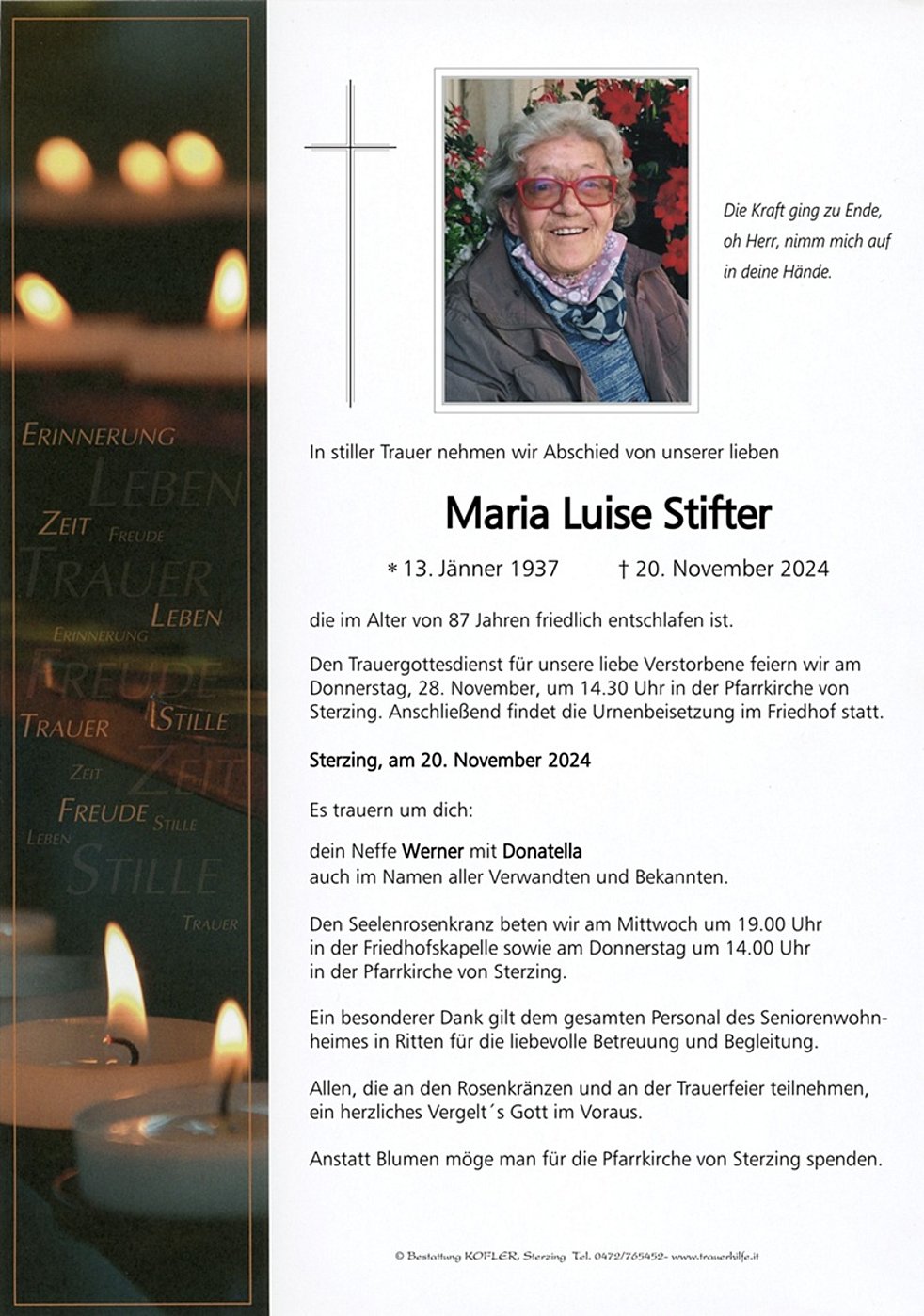 Maria Luise Stifter aus Sterzing - TrauerHilfe.it - das Südtiroler Gedenkportal