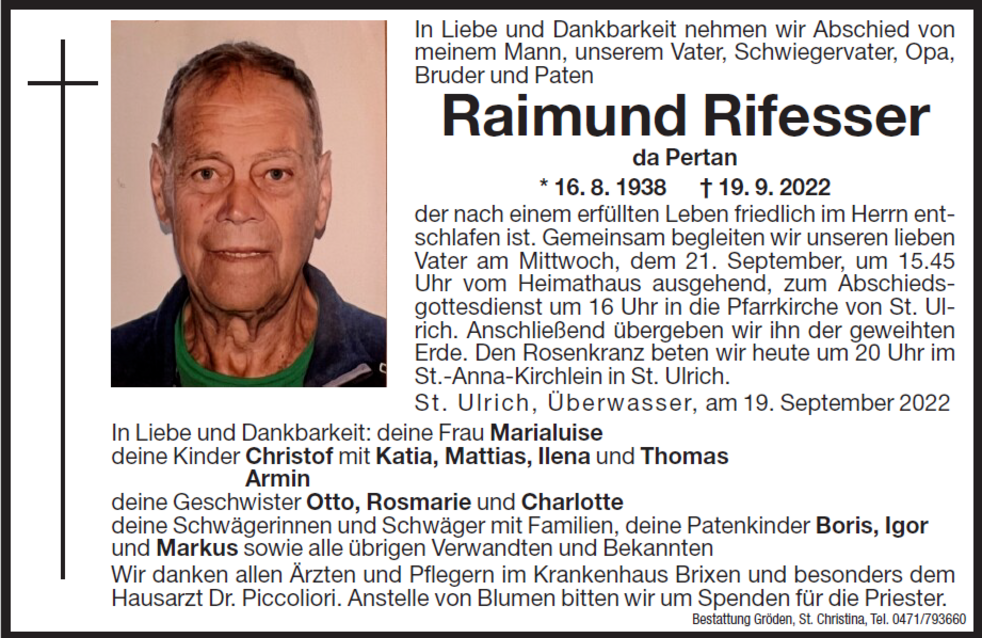 Raimund Rifesser aus St. Ulrich - TrauerHilfe.it - das Südtiroler ...
