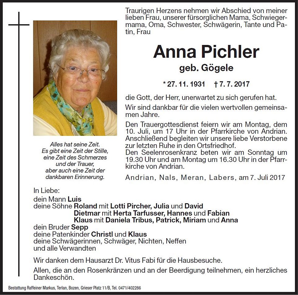 Anna Pichler aus Andrian - TrauerHilfe.it - das Südtiroler Gedenkportal