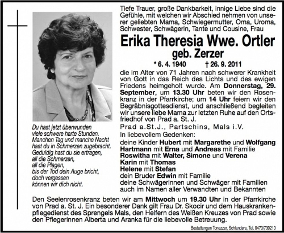 Erika Theresia Wwe. Ortler aus Prad am Stilfserjoch - TrauerHilfe.it - das Südtiroler Gedenkportal