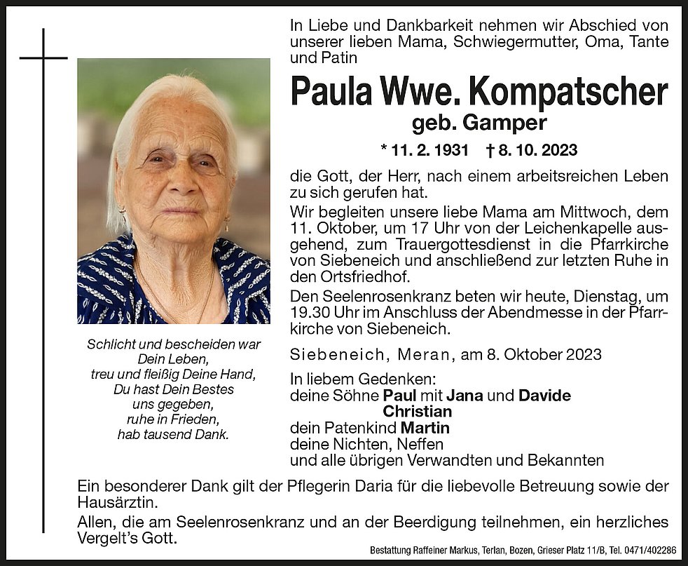 Paula Wwe. Kompatscher aus Terlan - TrauerHilfe.it - das Südtiroler ...