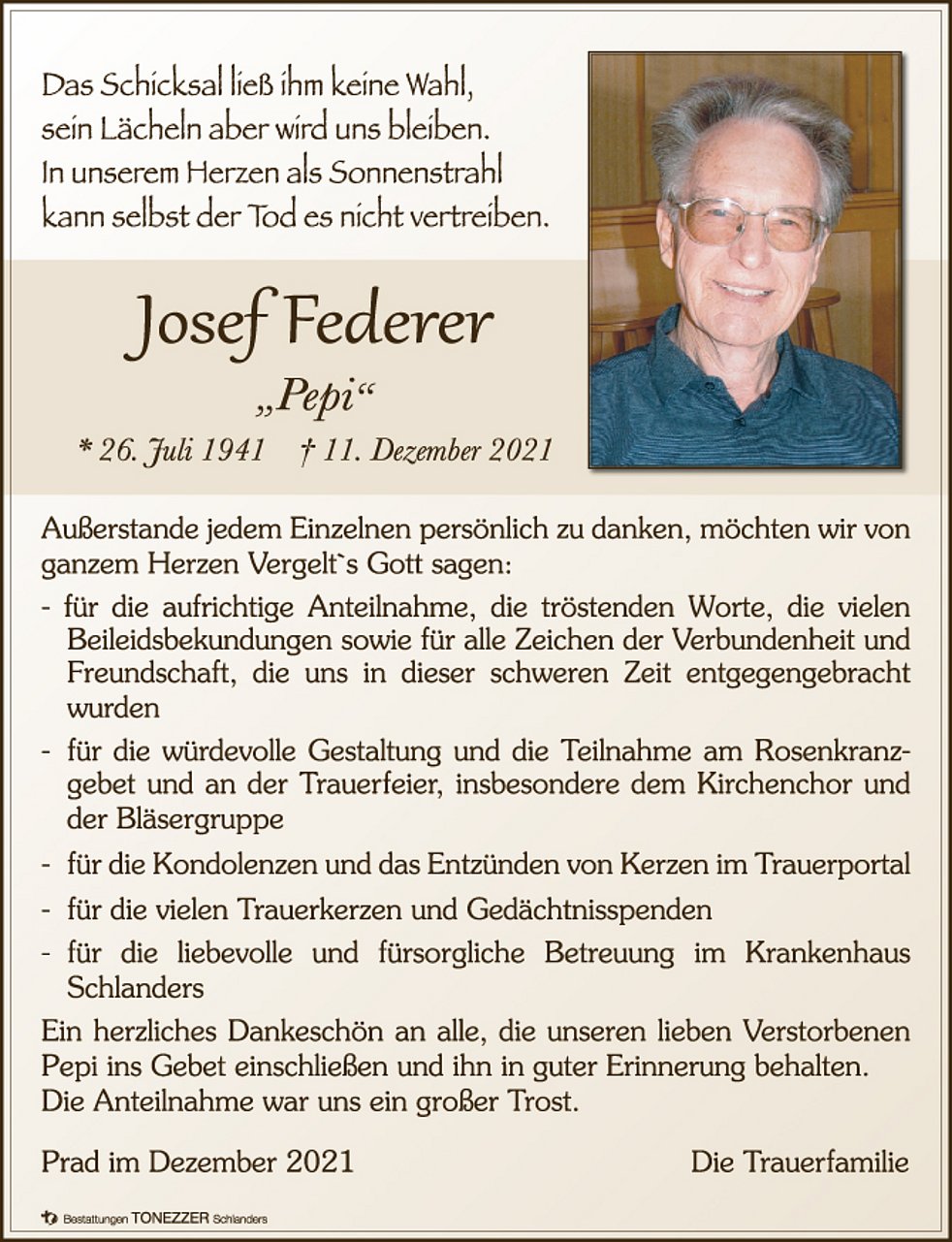 Josef Federer aus Prad am Stilfserjoch - TrauerHilfe.it - das Südtiroler Gedenkportal