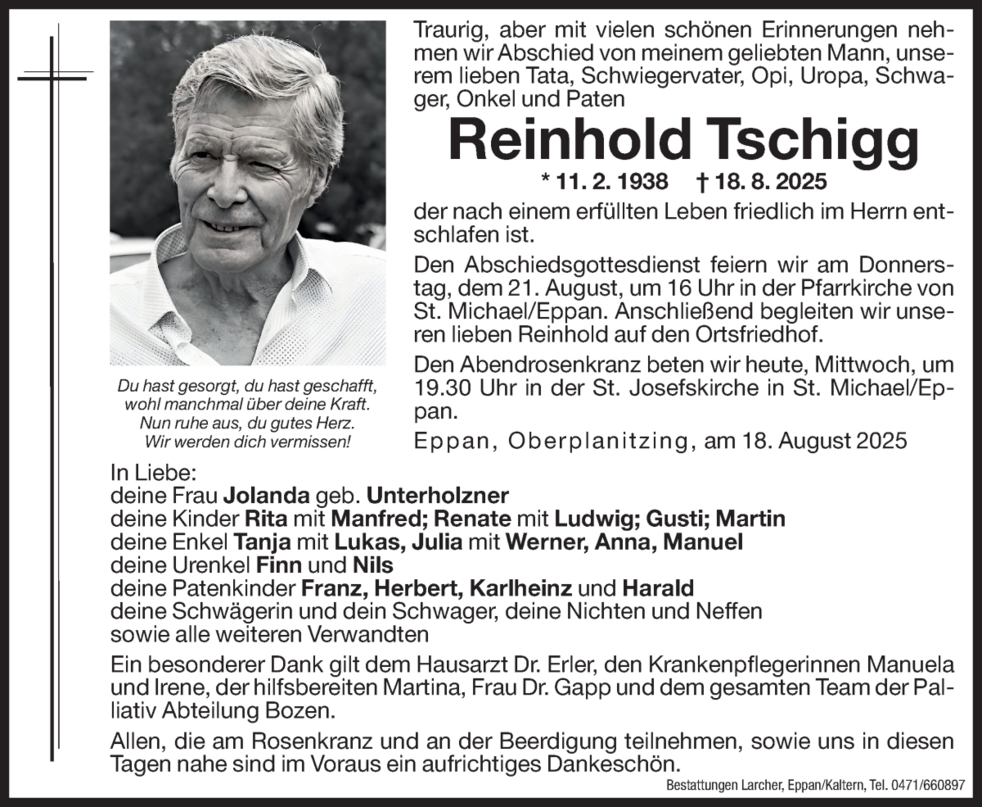Reinhold Tschigg aus Eppan a. d. W. - TrauerHilfe.it - das Südtiroler ...
