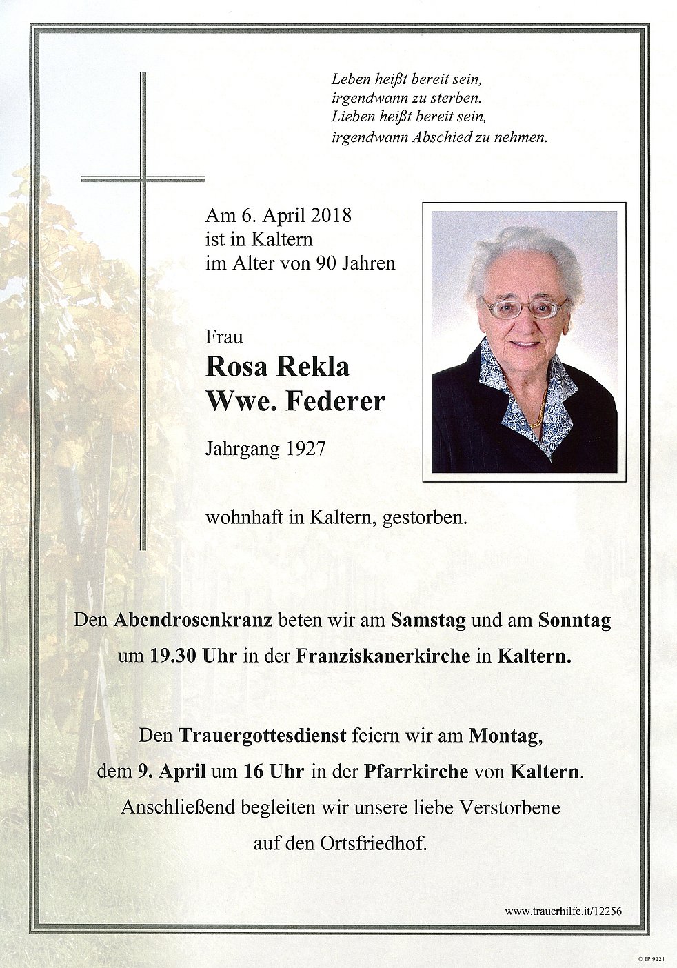 Rosa Wwe. Federer aus Kaltern - TrauerHilfe.it - das Südtiroler Gedenkportal