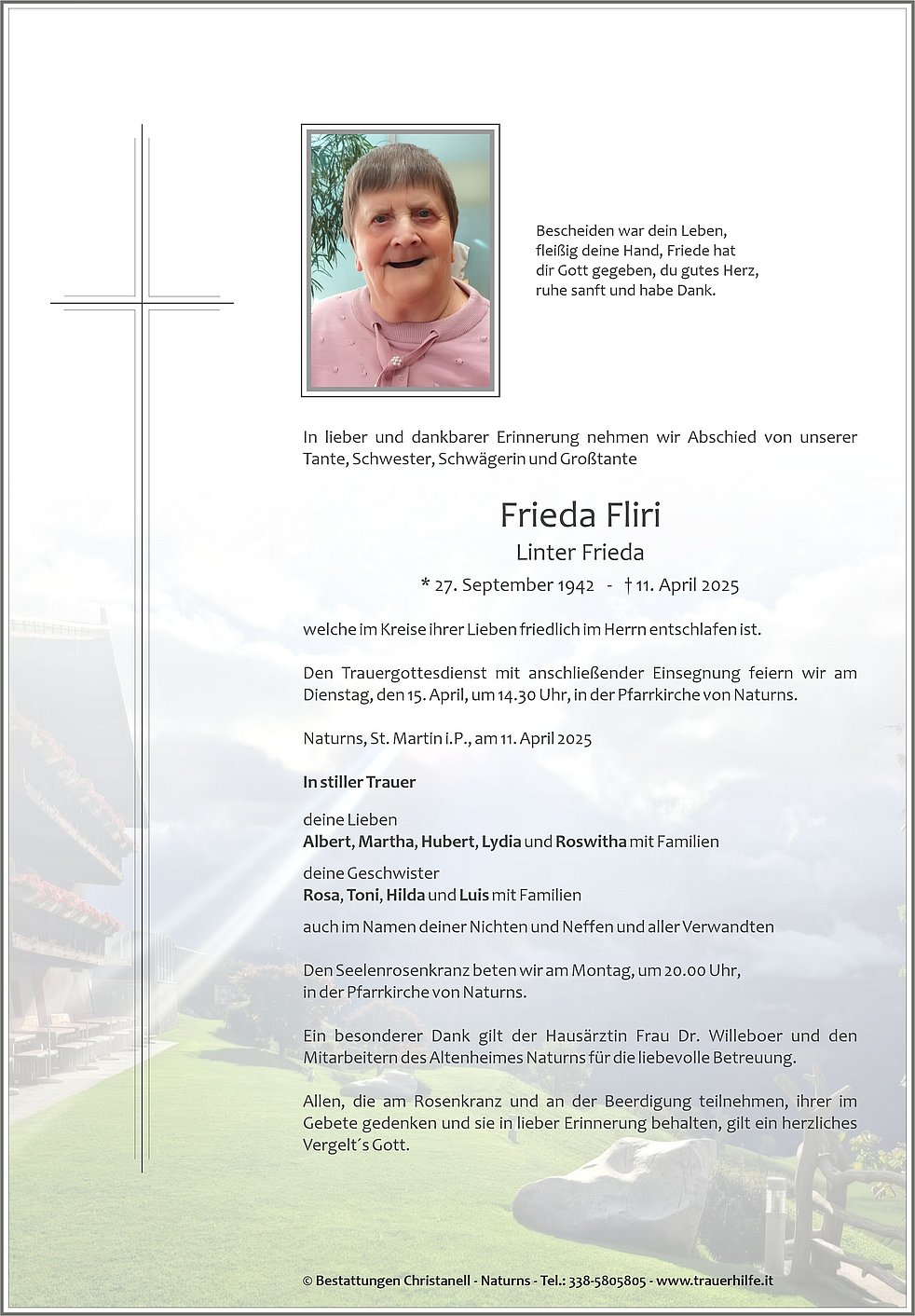 Frieda Fliri aus Naturns - TrauerHilfe.it - das Südtiroler Gedenkportal