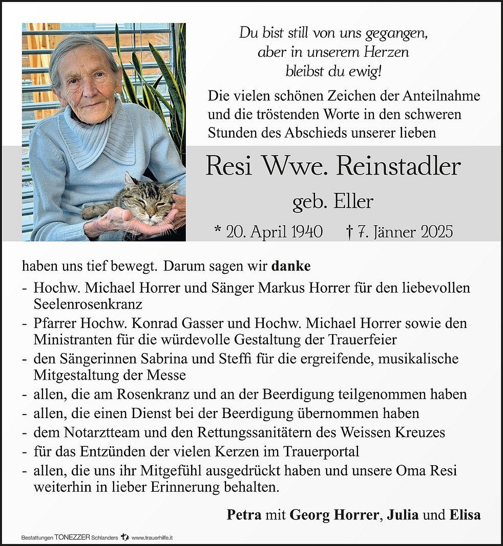 Resi Wwe. Reinstadler aus Prad am Stilfserjoch - TrauerHilfe.it - das Südtiroler Gedenkportal