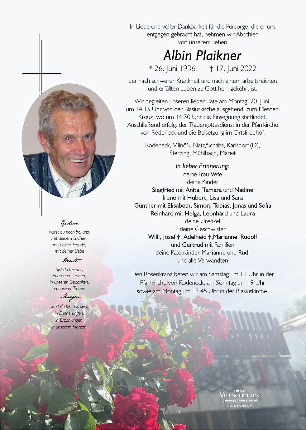 Albin Plaikner aus Rodeneck - TrauerHilfe.it - das Südtiroler Gedenkportal
