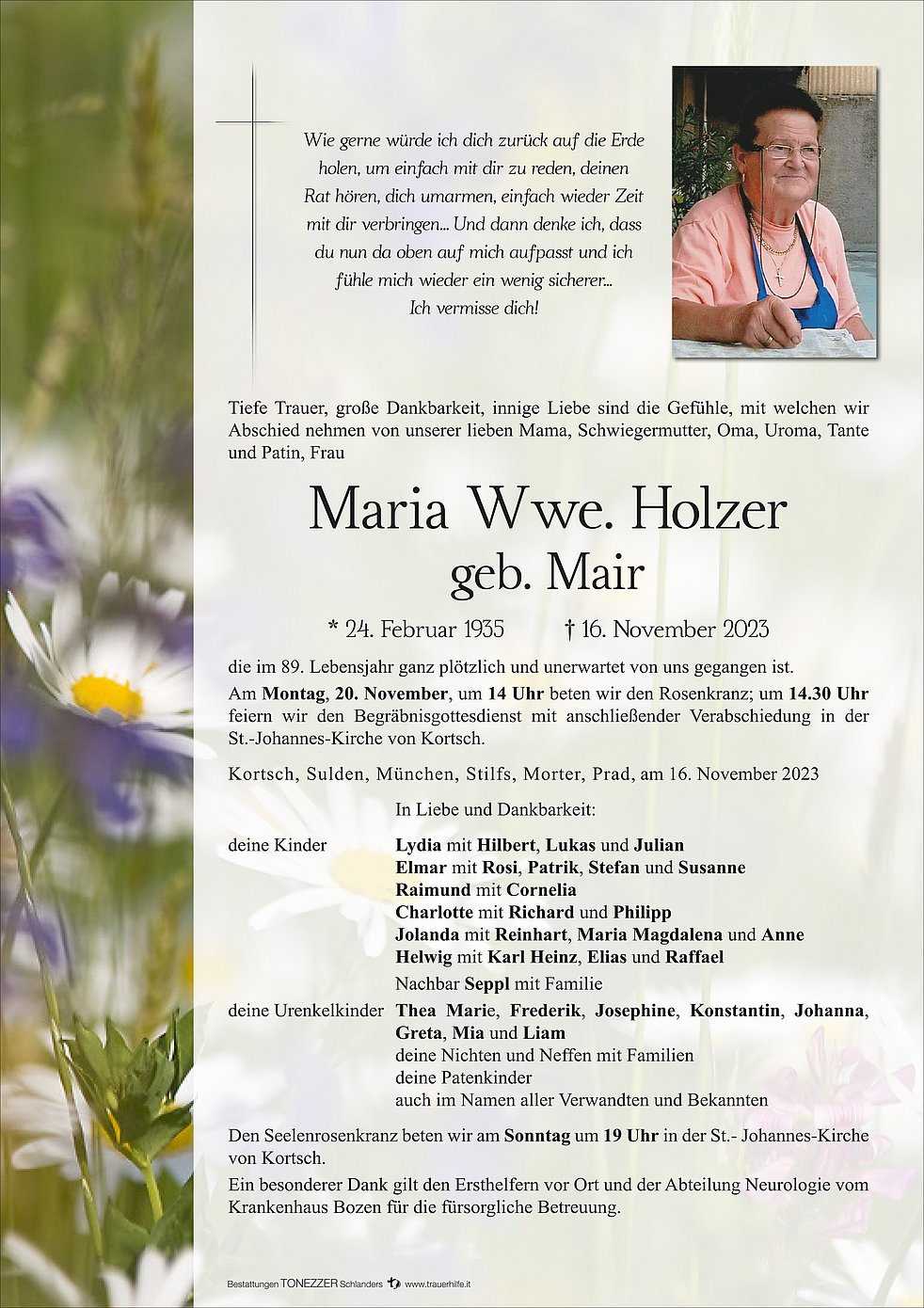 Maria Wwe. Holzer aus Schlanders - TrauerHilfe.it - das Südtiroler Gedenkportal