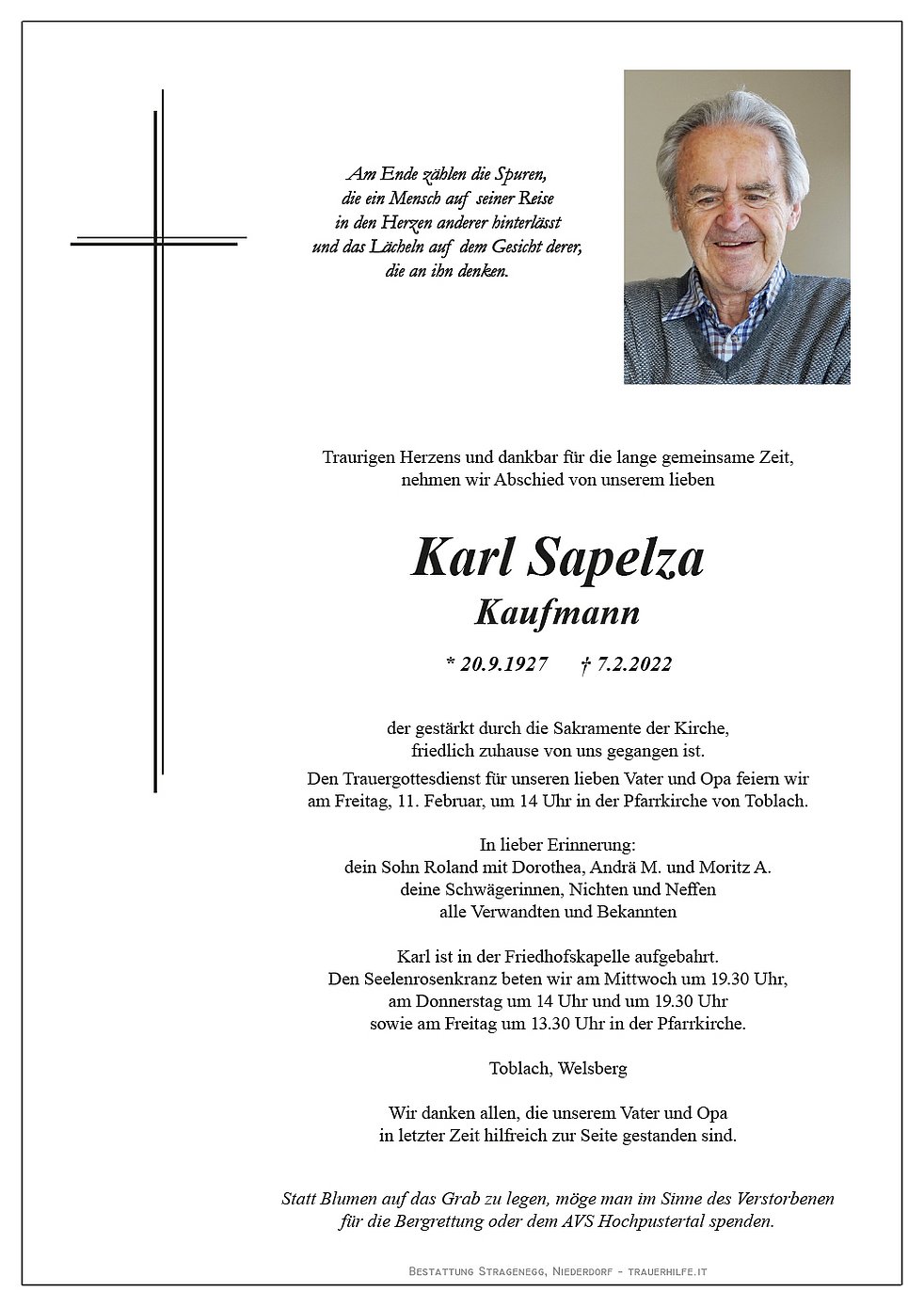 Karl Sapelza aus Toblach - TrauerHilfe.it - das Südtiroler Gedenkportal