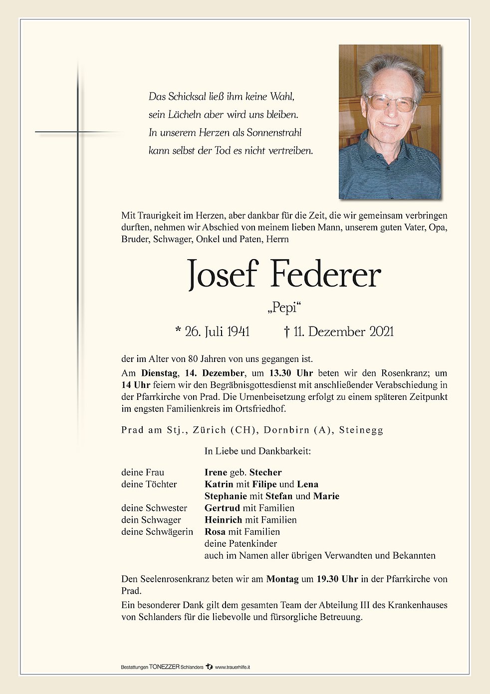 Josef Federer aus Prad am Stilfserjoch - TrauerHilfe.it - das Südtiroler Gedenkportal
