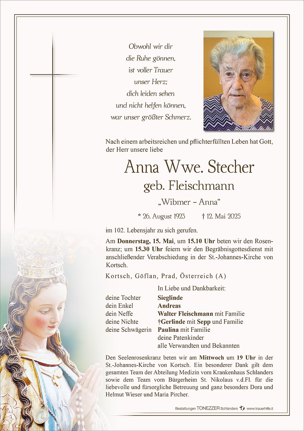 Anna Wwe. Stecher aus Schlanders - TrauerHilfe.it - das Südtiroler ...