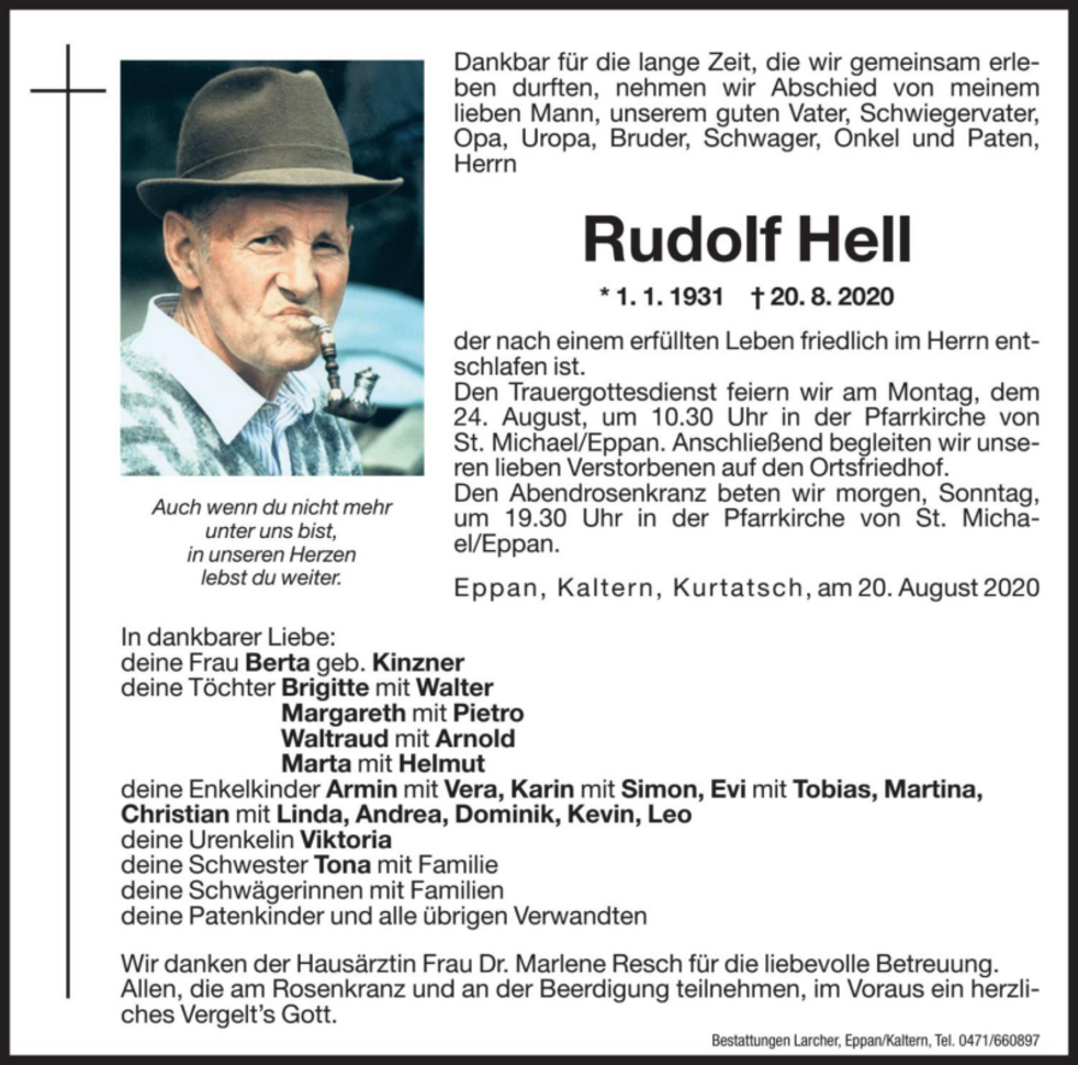 Rudolf Hell aus Eppan a. d. W. - TrauerHilfe.it - das Südtiroler ...
