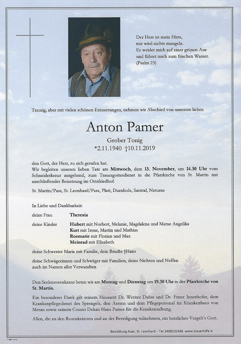 Anton Pamer aus St. Martin i. P. - TrauerHilfe.it - das Südtiroler ...