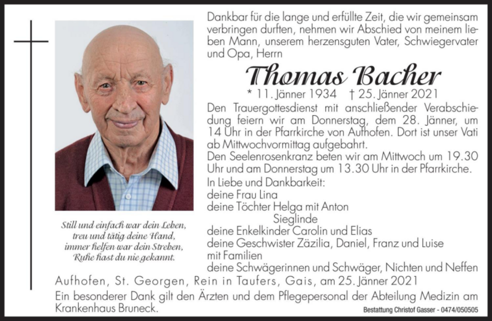 Thomas Bacher aus Bruneck - TrauerHilfe.it - das Südtiroler Gedenkportal