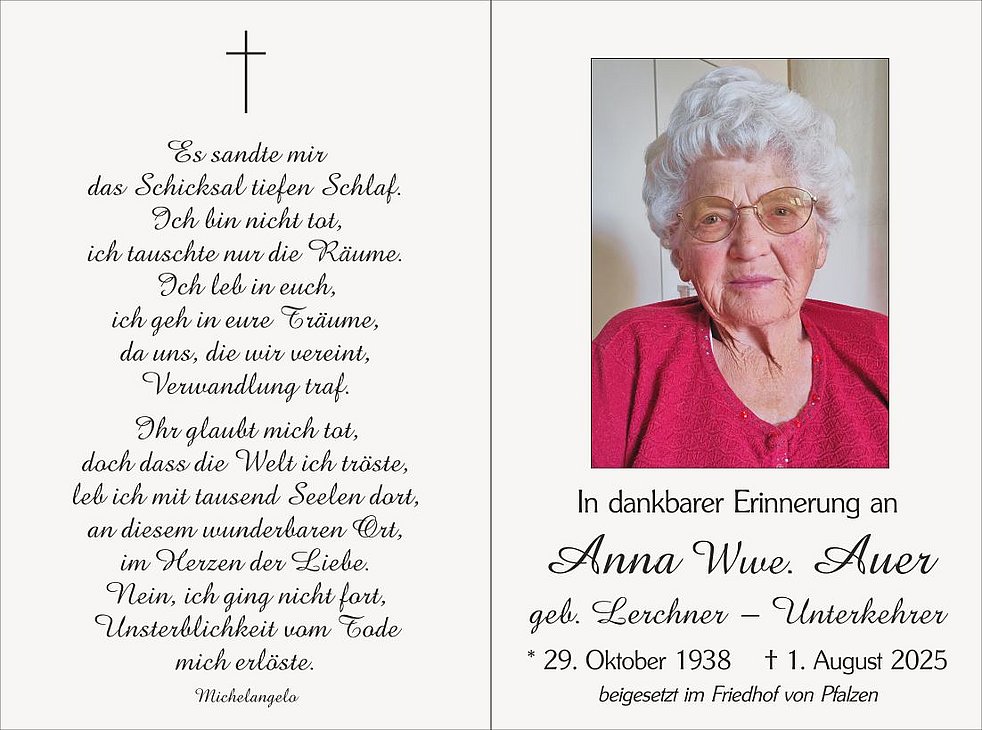 Anna Wwe. Auer aus Pfalzen - TrauerHilfe.it - das Südtiroler Gedenkportal