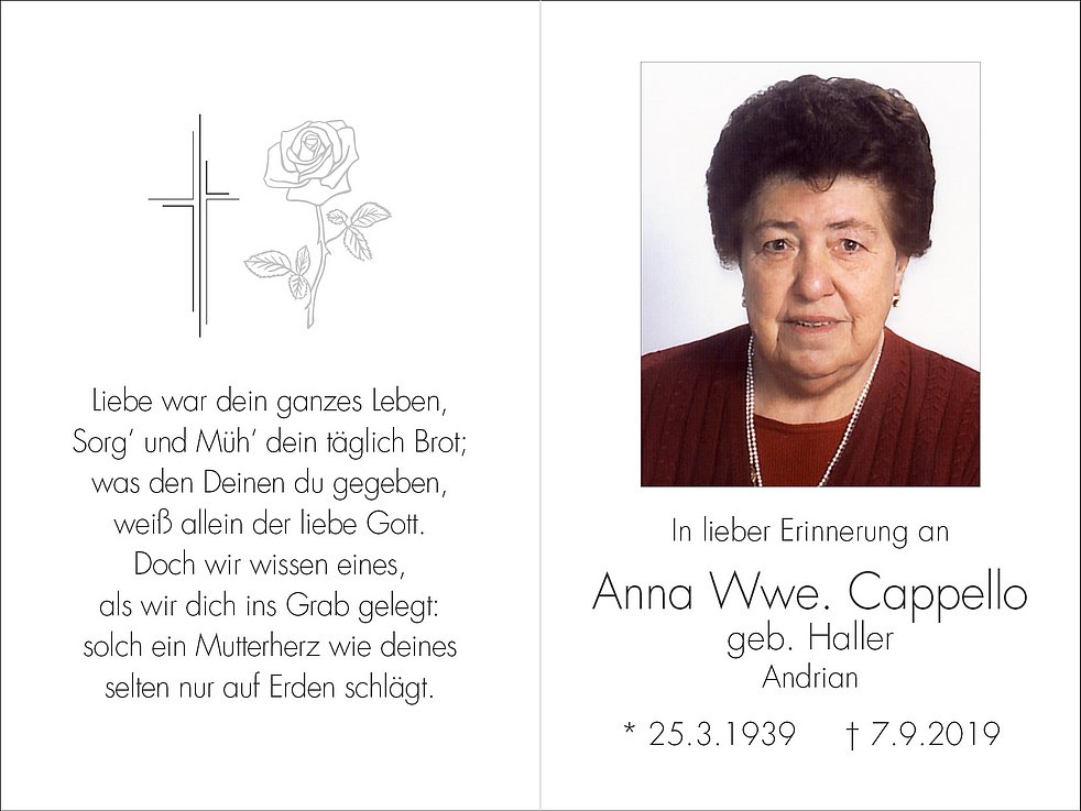 Anna Wwe. Cappello aus Andrian - TrauerHilfe.it - das Südtiroler ...