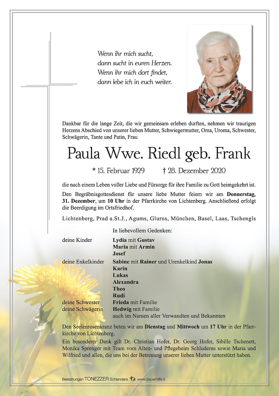 Paula Wwe. Riedl aus Prad am Stilfserjoch - TrauerHilfe.it - das ...