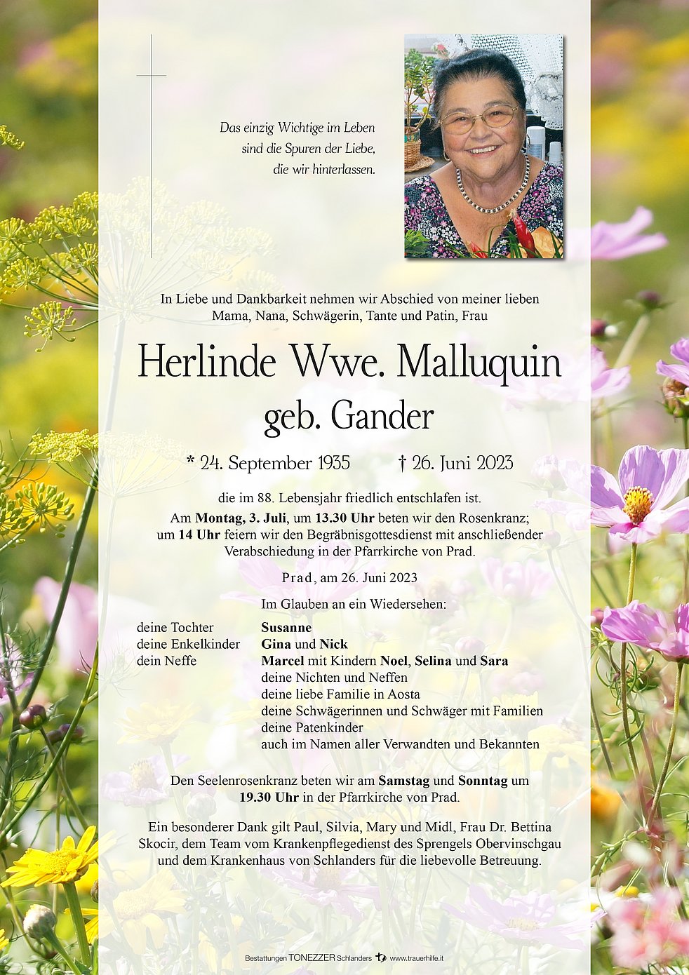 Herlinde Wwe. Malluquin aus Prad am Stilfserjoch - TrauerHilfe.it - das Südtiroler Gedenkportal