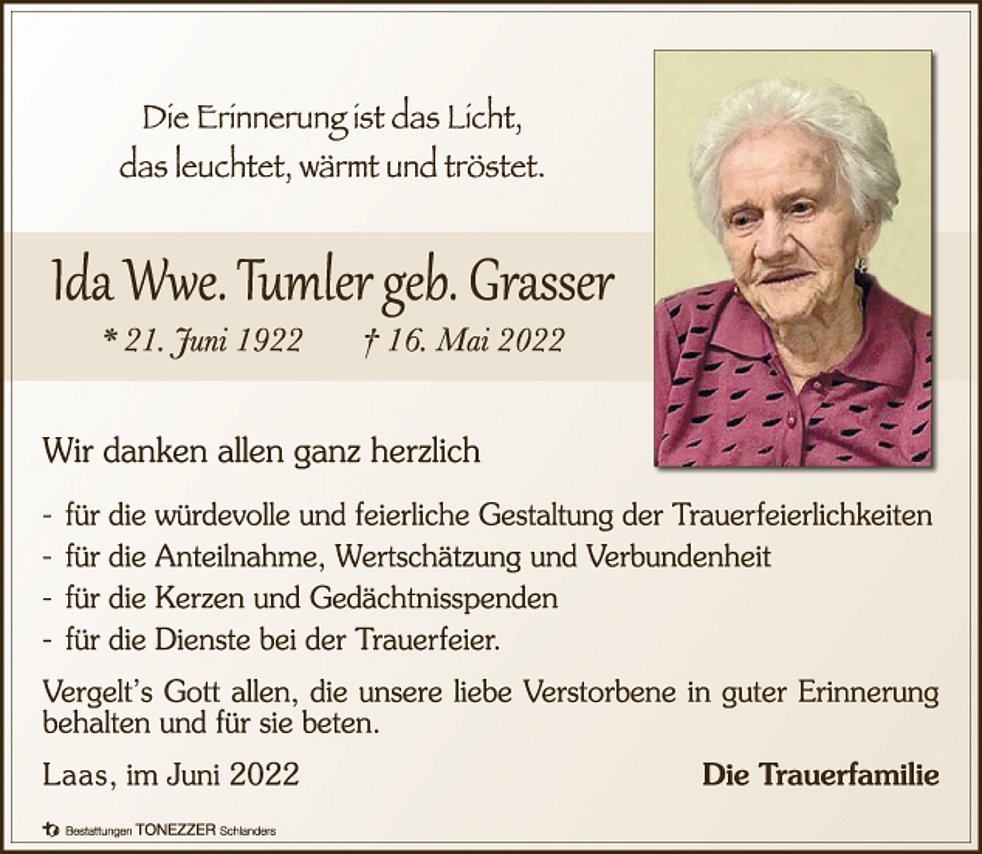 Ida Wwe. Tumler aus Laas - TrauerHilfe.it - das Südtiroler Gedenkportal